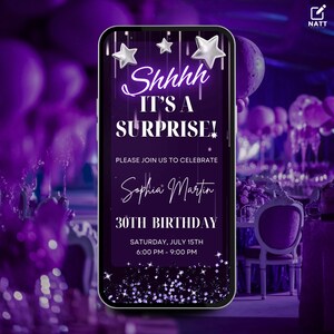 Purple Glitter Star Surprise Birthday Invitation Animated, Editable ...