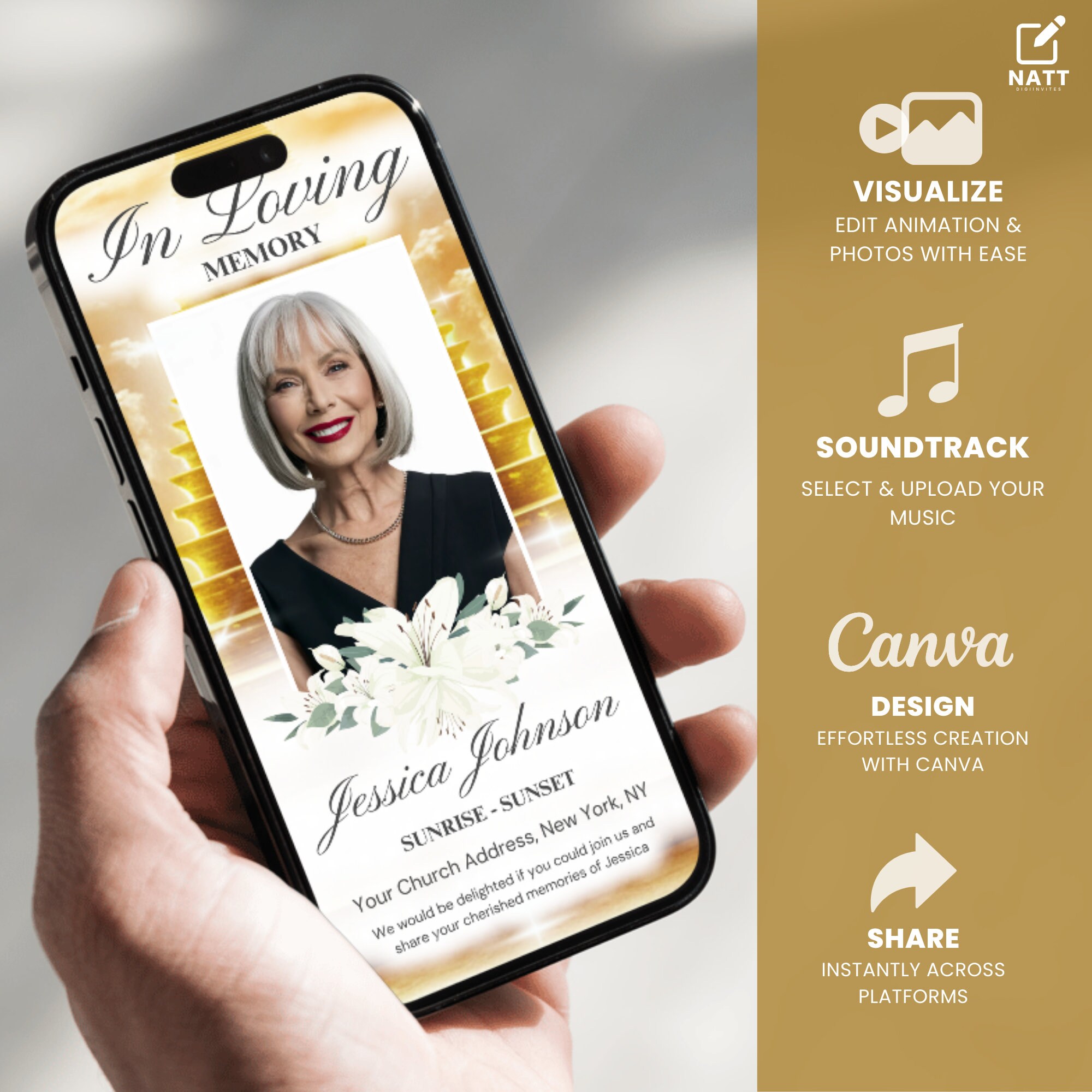 Digital Funeral Invitation, Animated Canva Template, Editable Memorial ...