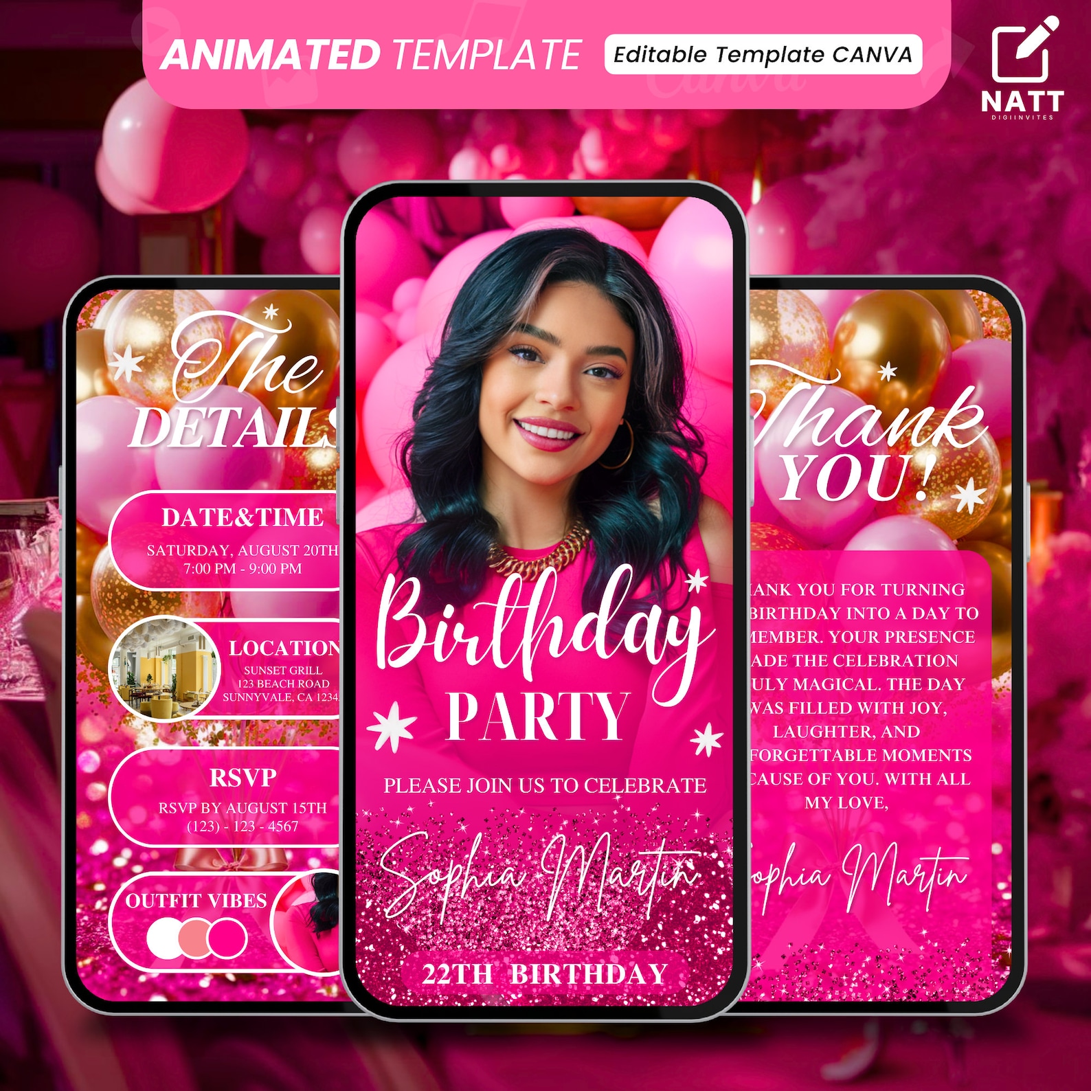 Animated Pink Birthday Party Invitation Digital, Animated Birthday ...