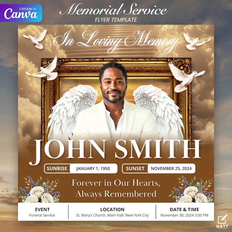 Funeral Memorial Announcement Flyer, Editable Canva Template, Funeral ...