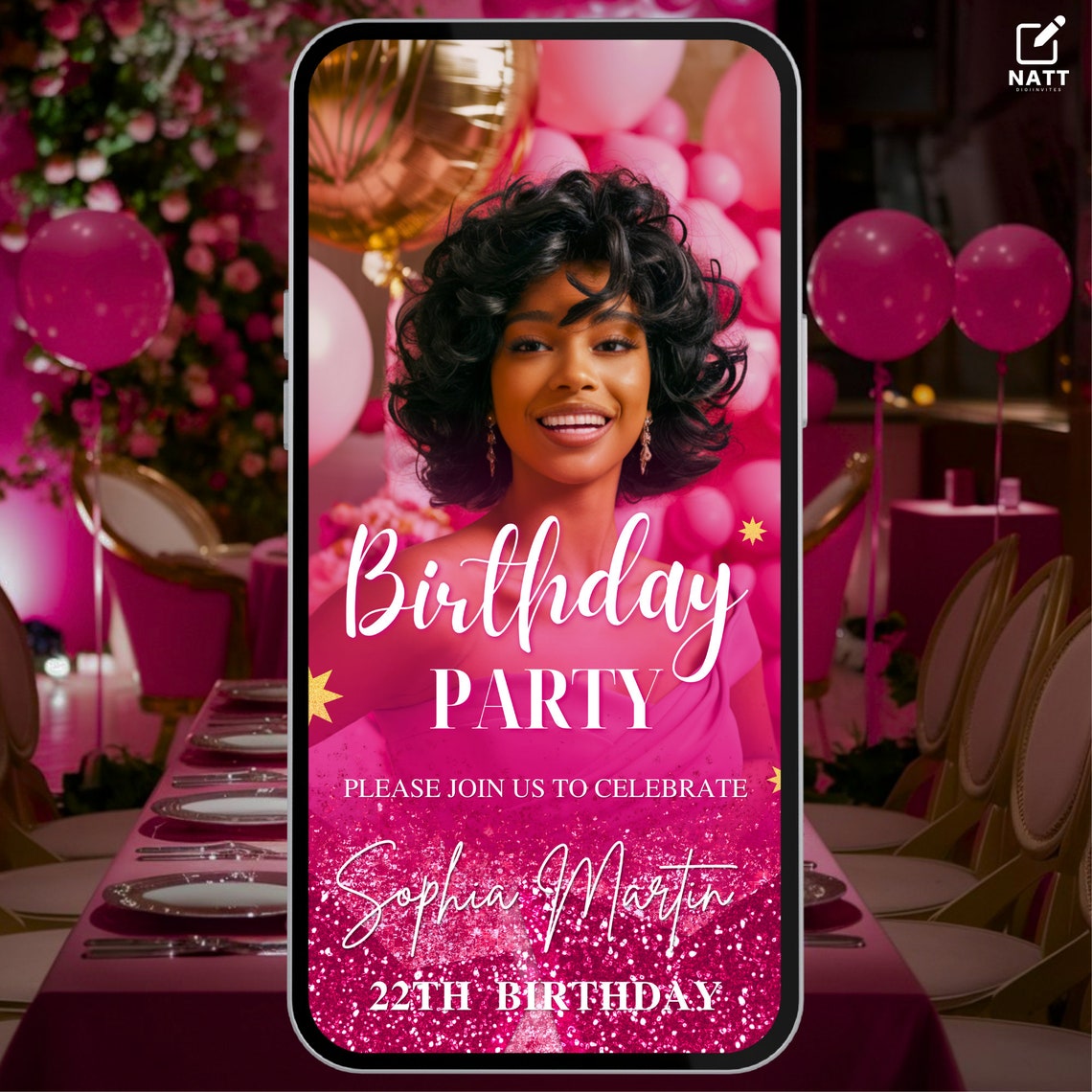Digital Hot Pink Birthday Party Invitation, Animated Canva Template ...