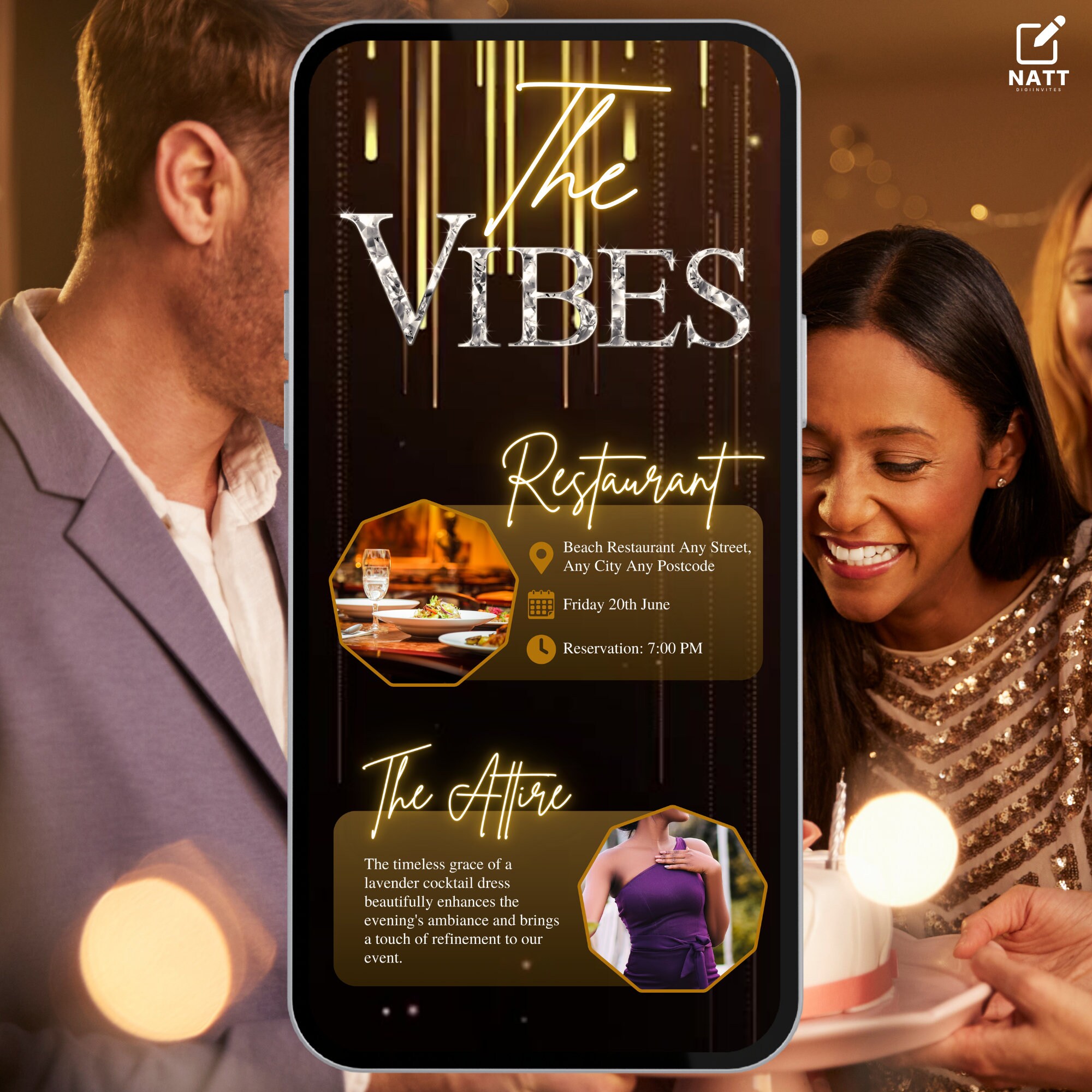 Digital Birthday Dinner Invitation, Gold Black Diamond Alphabet ...