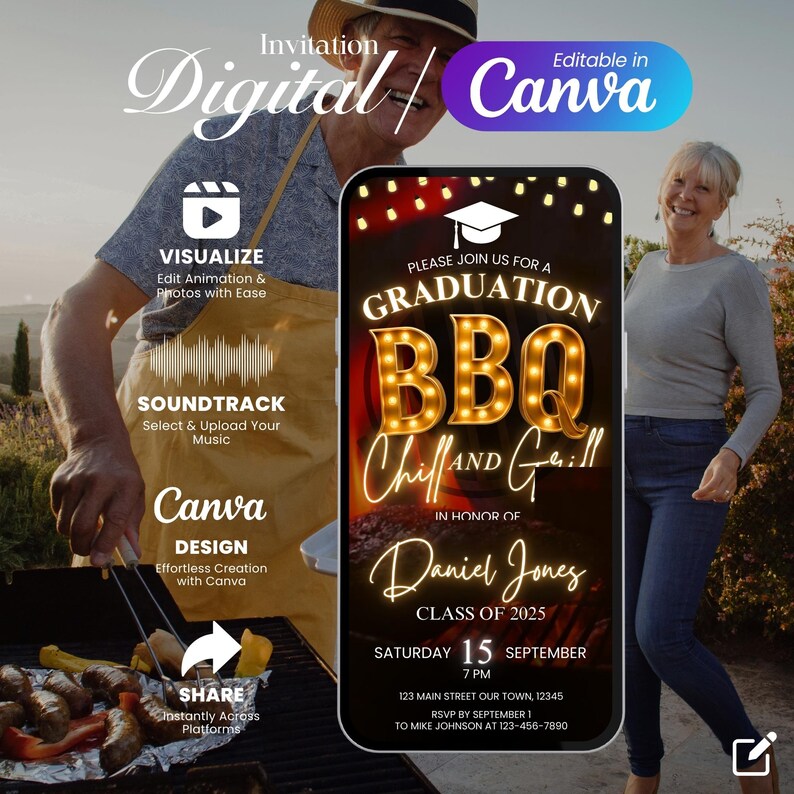 Animated Graduation BBQ Invitation 2025, Digital Evite With Music, Self ...