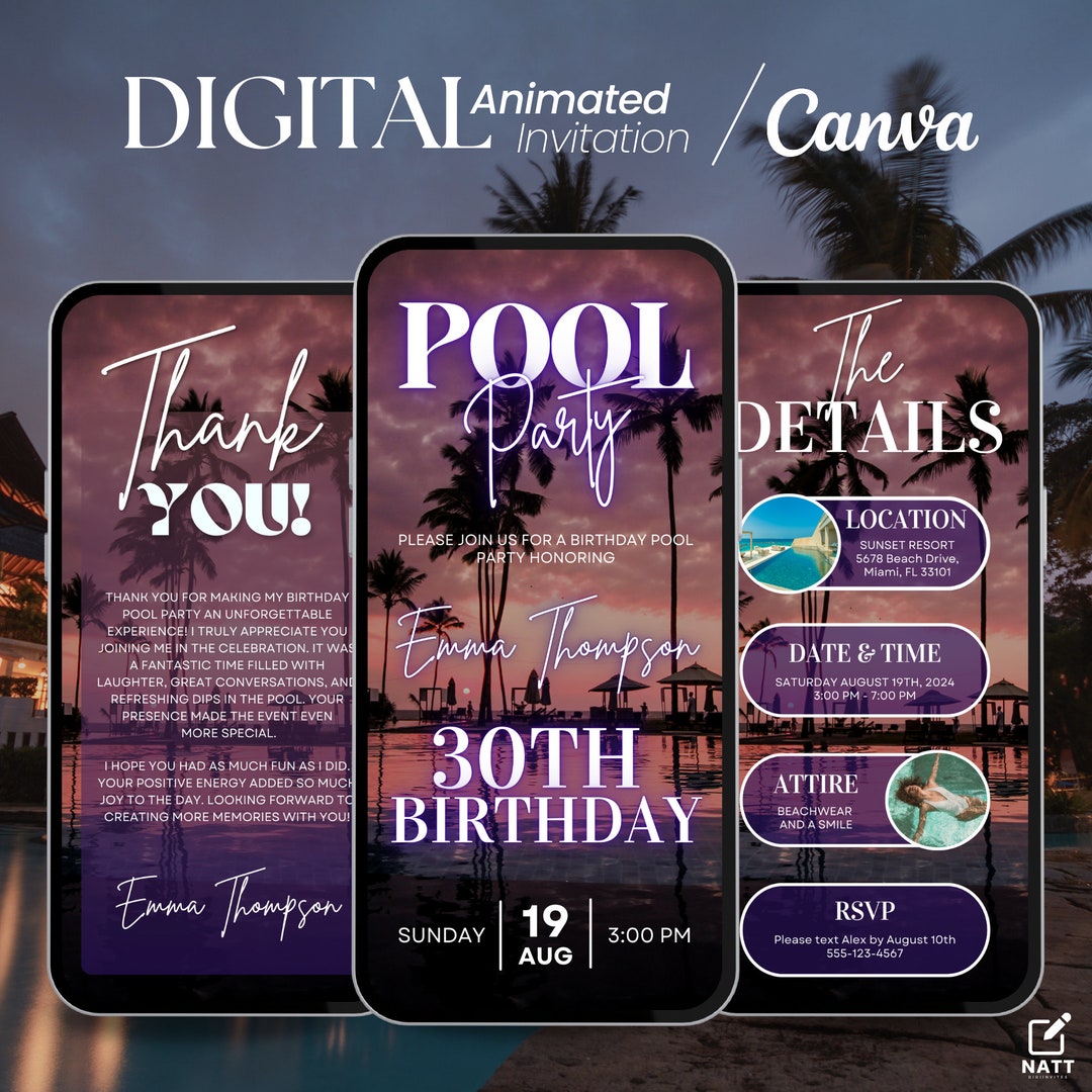 Purple Animated Pool Party Birthday Invitation Digital Canva Template ...
