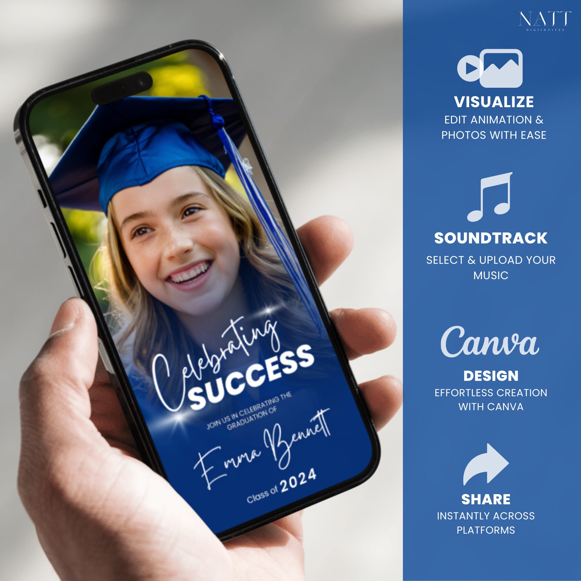 2024 Blue Graduation Invitation Animated Canva, Blue Class of 2024 ...