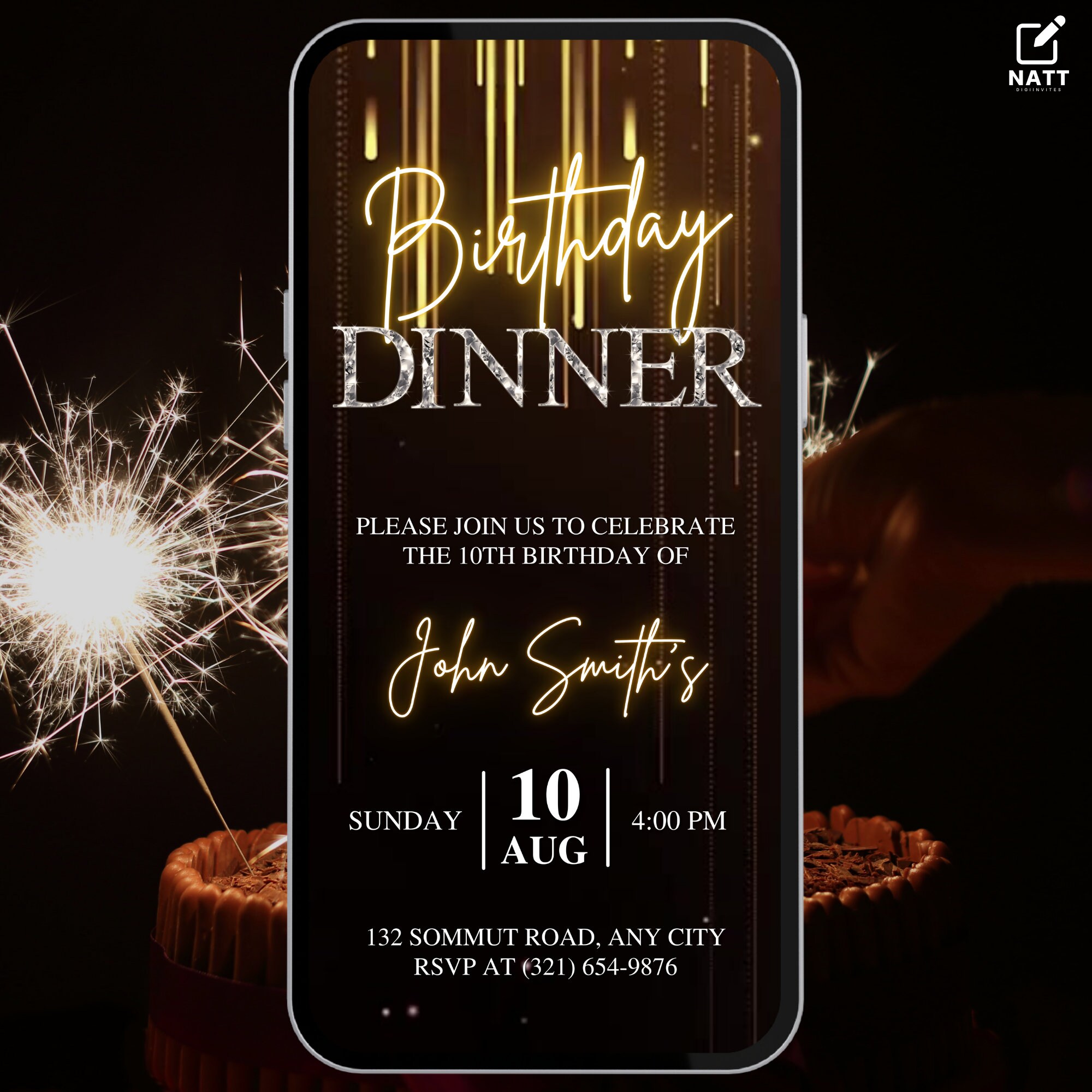 Digital Birthday Dinner Invitation, Gold Black Diamond Alphabet ...
