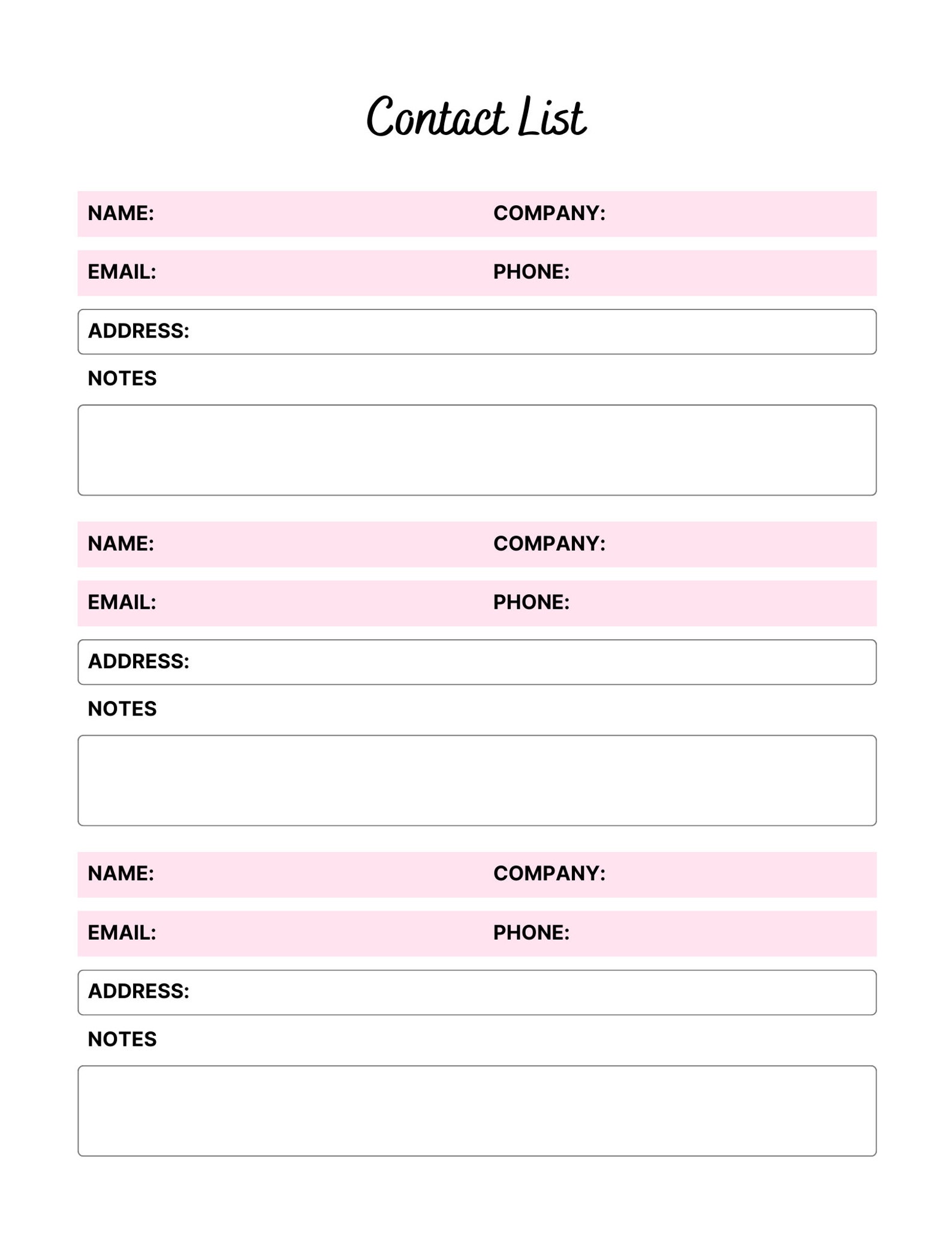 Digital Contact List Template - Etsy