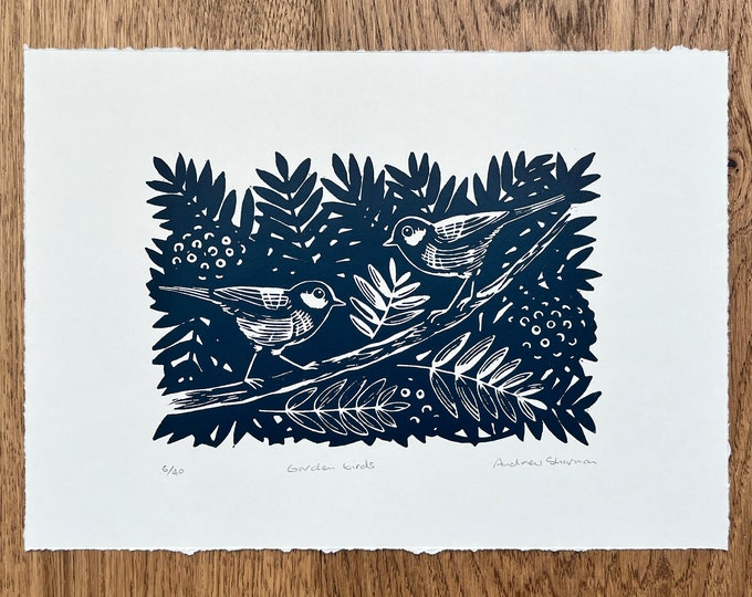 Garden Birds, Original Limited Edition, Handmade Linocut Print in Dark ...