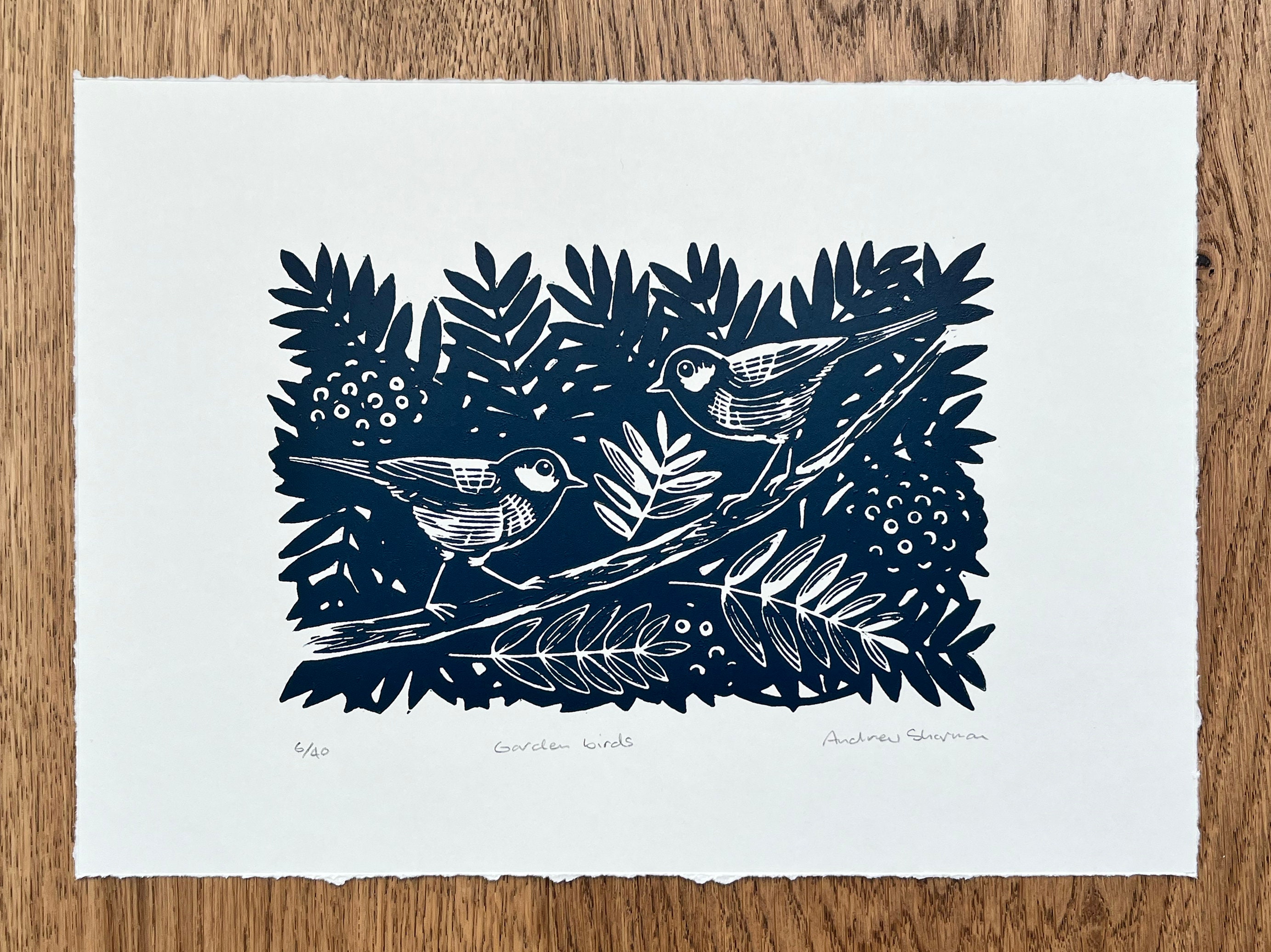 Garden Birds, Original Limited Edition, Handmade Linocut Print in Dark ...