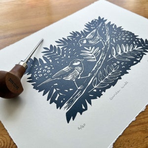 Garden Birds, Original Limited Edition, Handmade Linocut Print in Dark ...