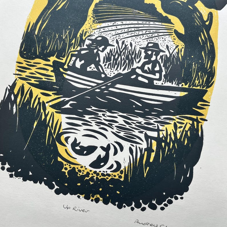 Up River, Original Limited Edition, Handmade Linocut Print in Dark Navy ...