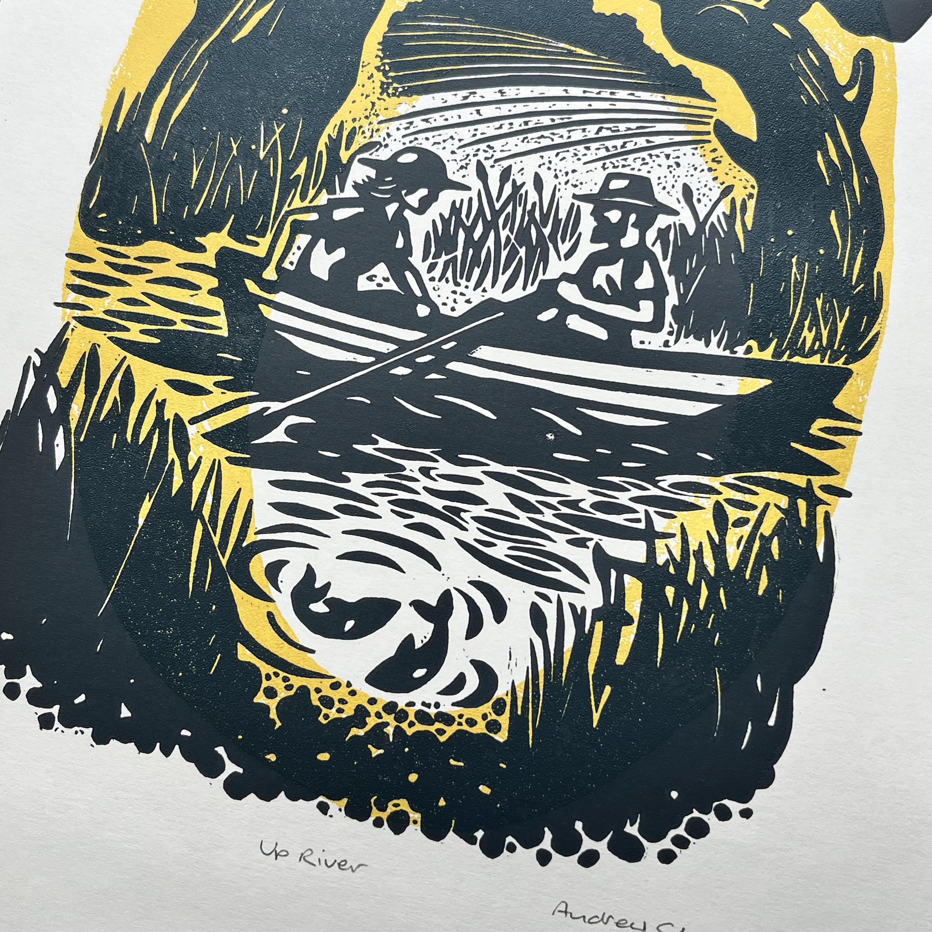 Up River, Original Limited Edition, Handmade Linocut Print in Dark Navy ...