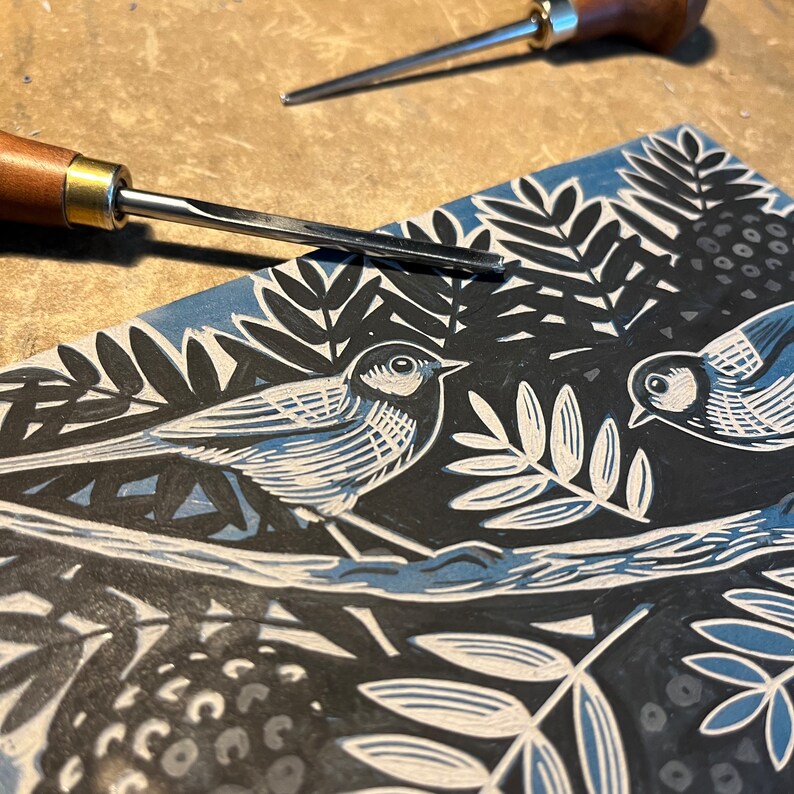 Garden Birds, Original Limited Edition, Handmade Linocut Print in Dark ...