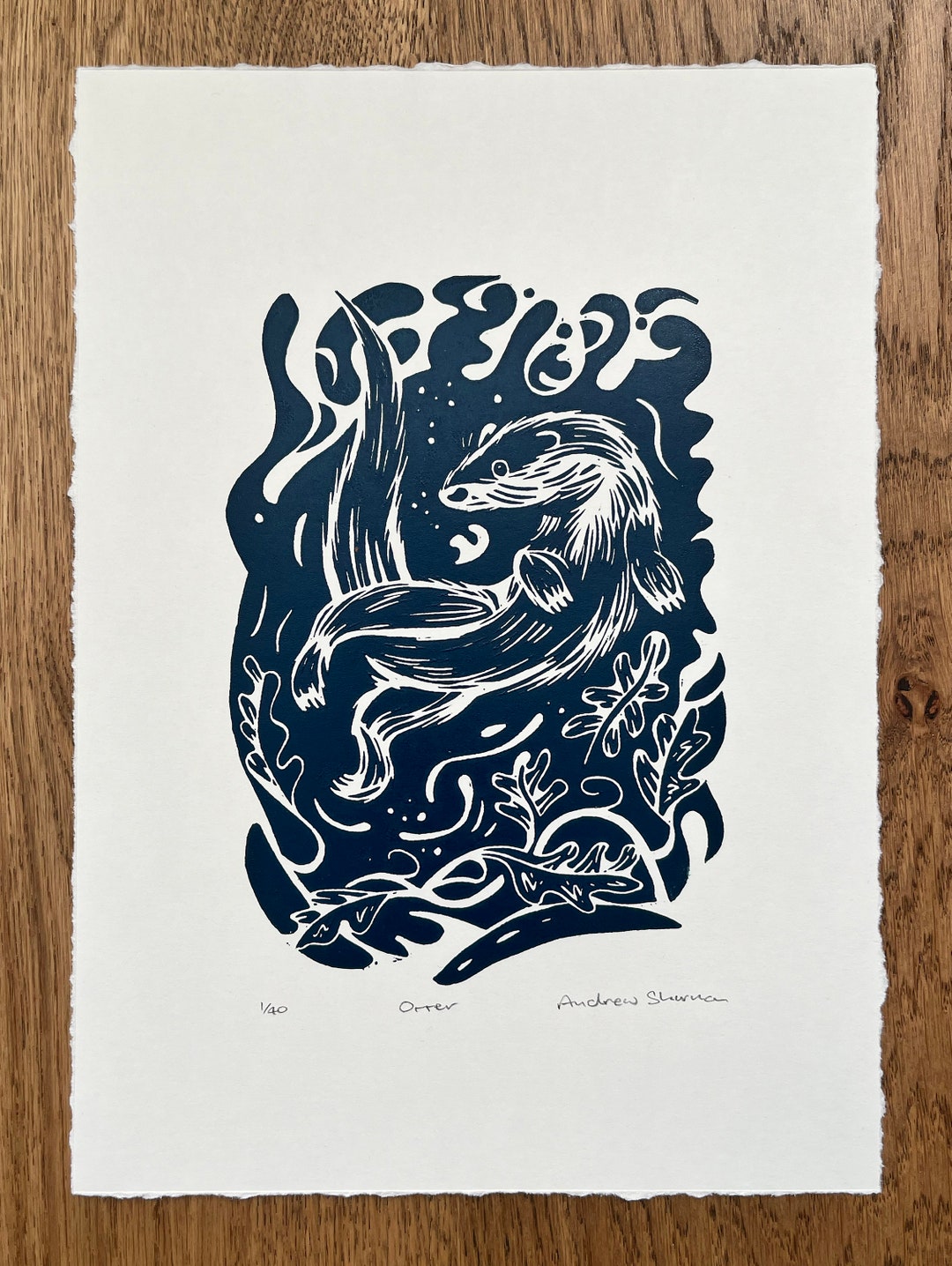 Otter, Original Limited Edition, Handmade Linocut Print in Dark Navy ...