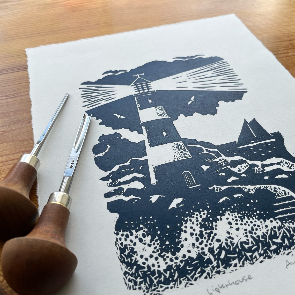 Lighthouse, Original Limited Edition, Handmade Linocut Print in Dark ...