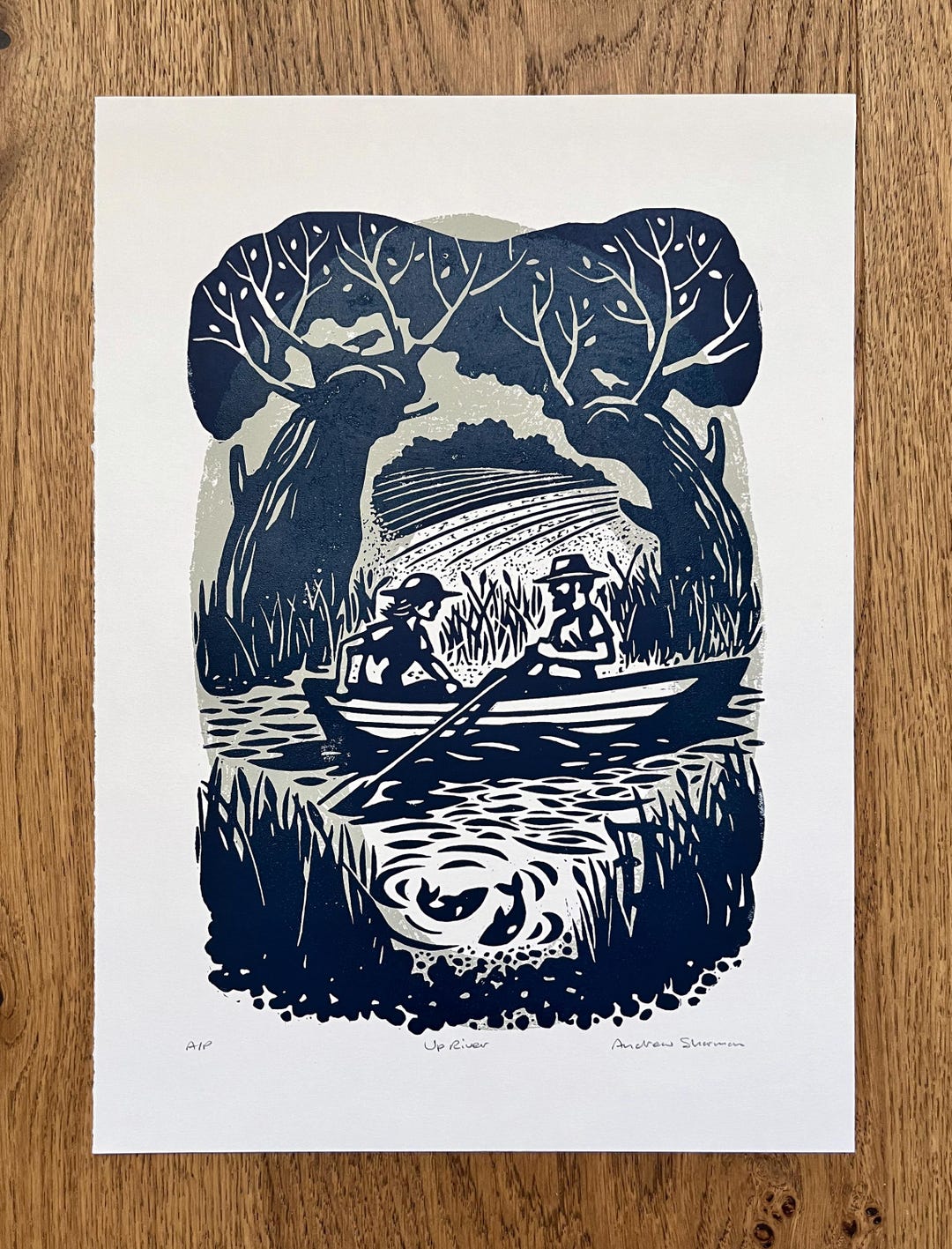Up River, Original Limited Edition, Handmade Linocut Print in Dark Navy ...