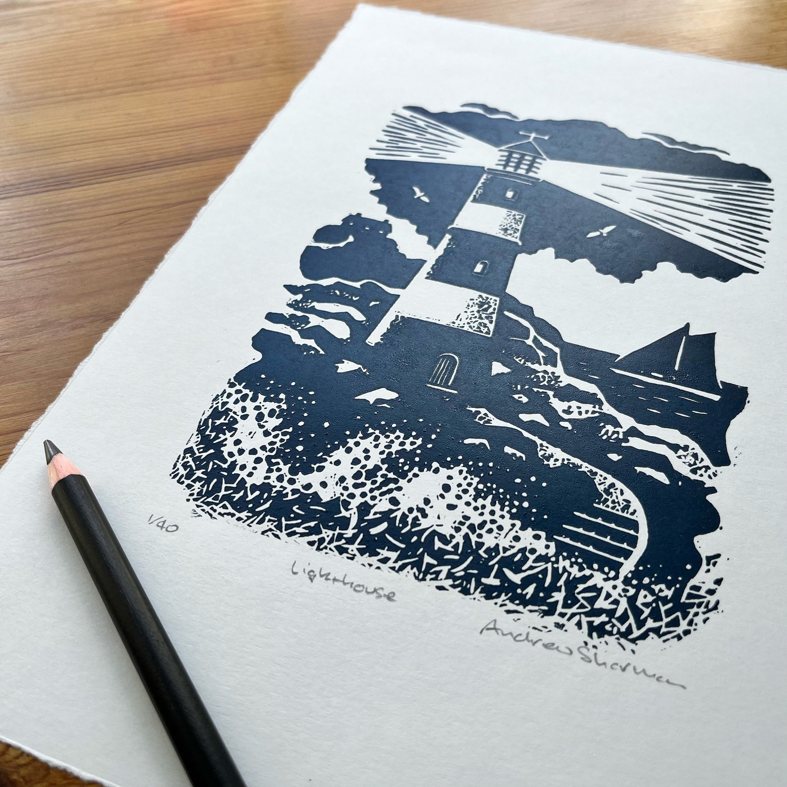 Lighthouse, Original Limited Edition, Handmade Linocut Print in Dark ...