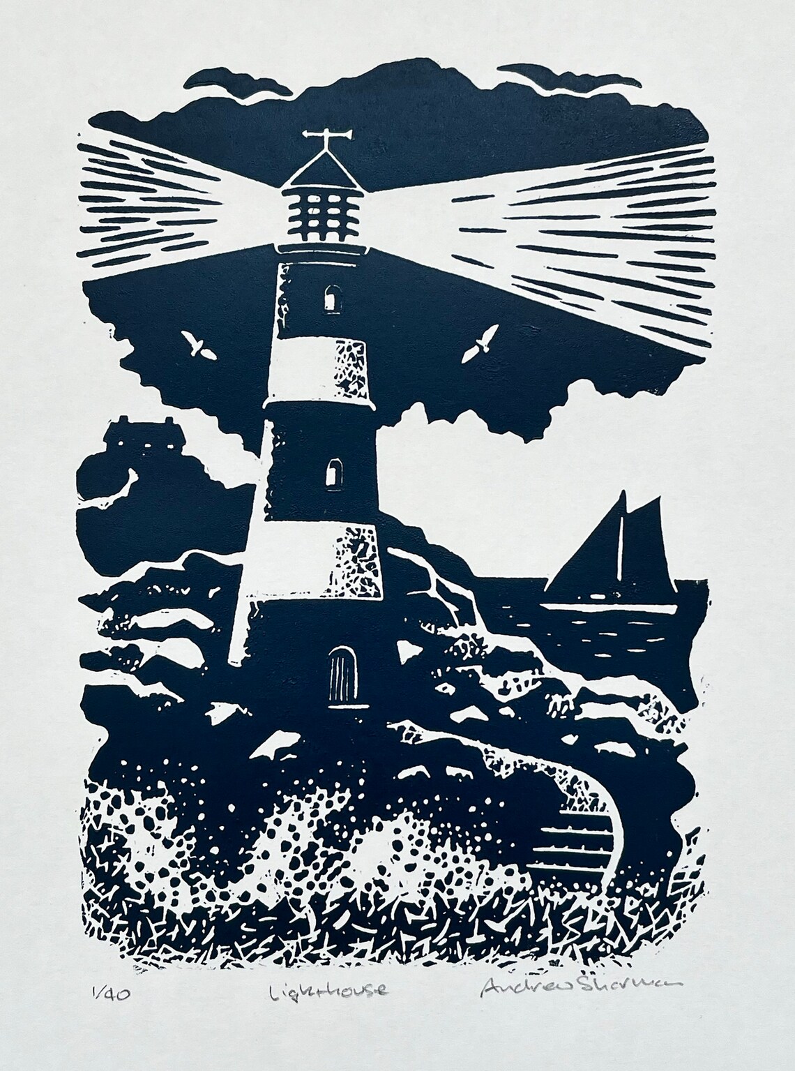 Lighthouse, Original Limited Edition, Handmade Linocut Print in Dark ...