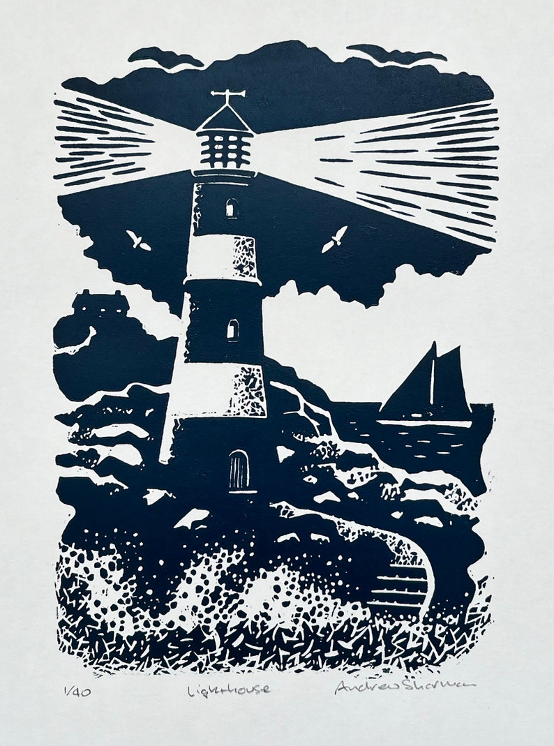 Lighthouse, Original Limited Edition, Handmade Linocut Print in Dark ...