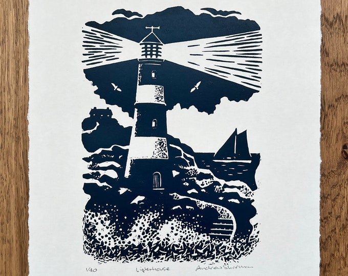 Lighthouse, Original Limited Edition, Handmade Linocut Print in Dark ...