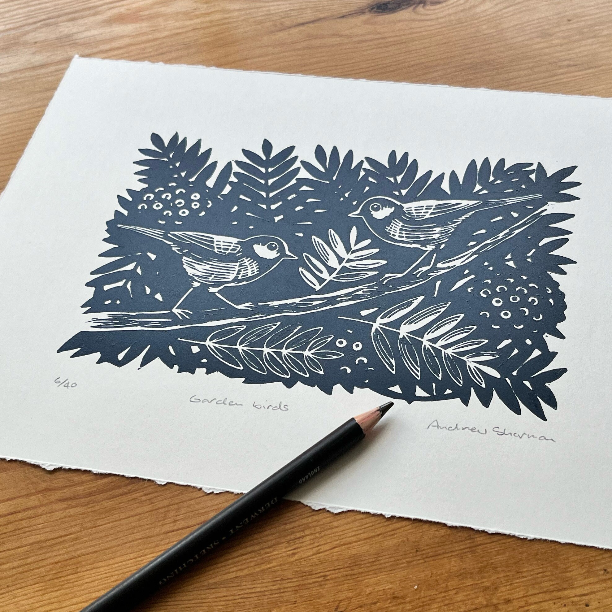 Garden Birds, Original Limited Edition, Handmade Linocut Print in Dark ...