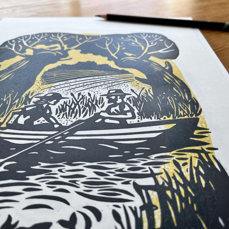 Up River, Original Limited Edition, Handmade Linocut Print in Dark Navy ...
