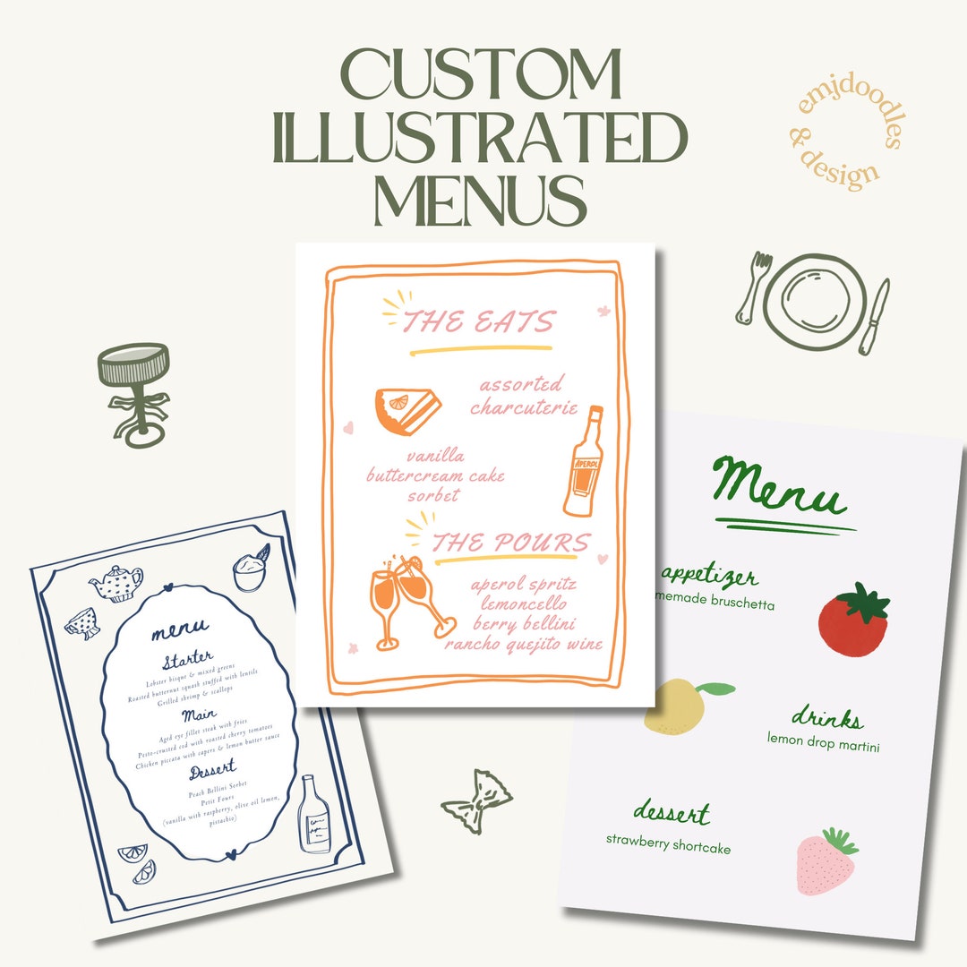 Custom Wedding Menu Design, Illustrated Food/drinks Menu - Wedding ...