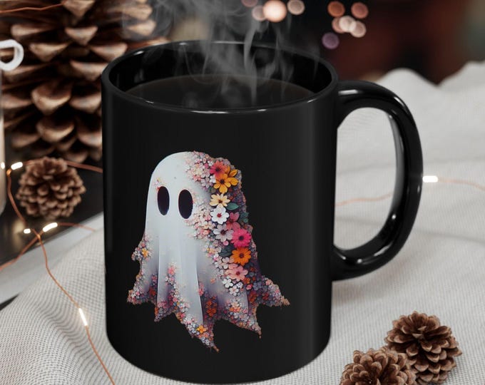 Vintage Floral Ghost Design Coffee Mug, Cute Spooky Ghosts in Autumn Flowers Teacup, Halloween ...
