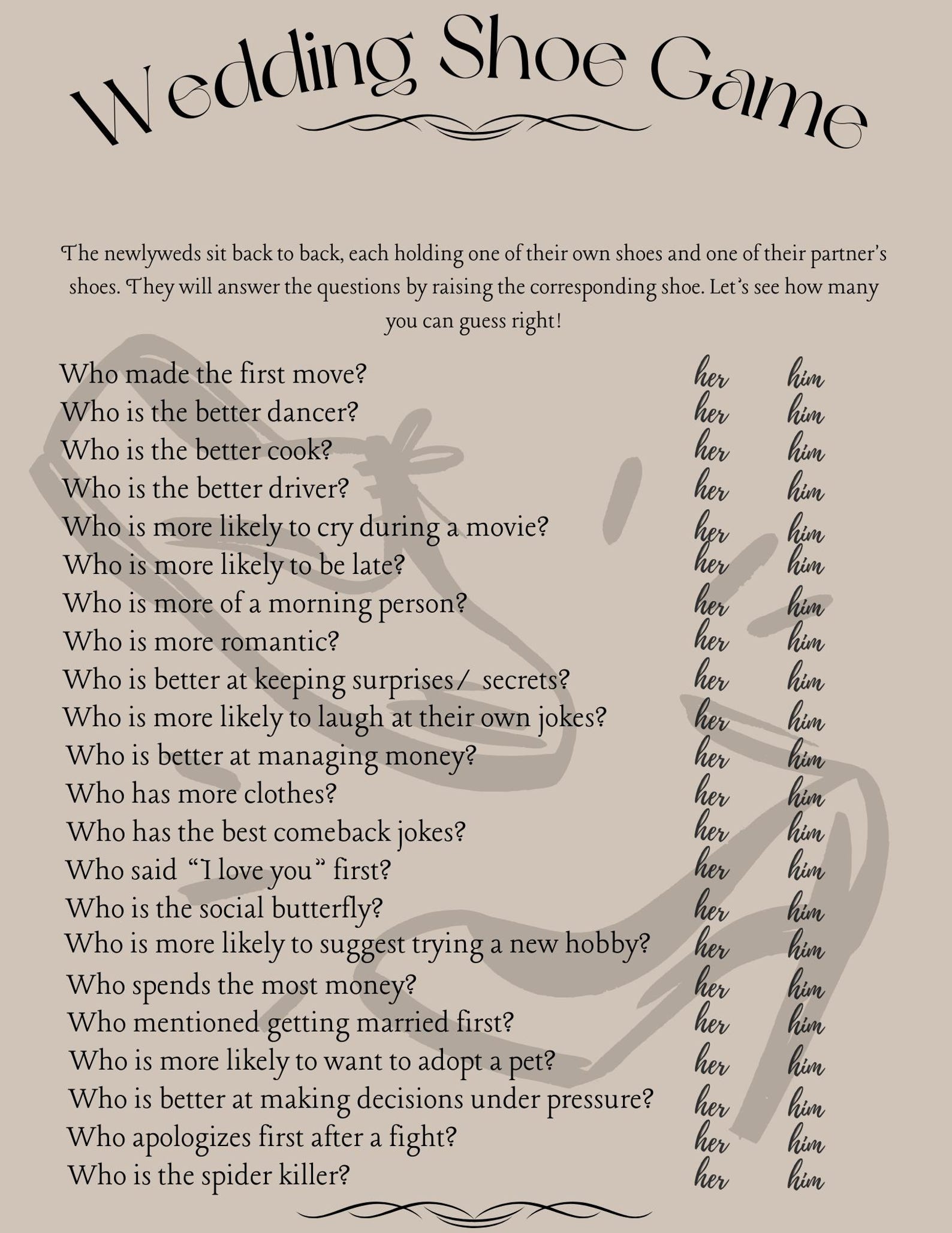 Wedding Shoe Game Printable Bridal Shower Games Wedding Shower Game ...