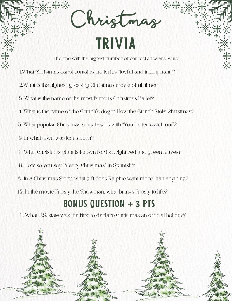 Christmas Trivia Game Printable Holiday Game Christmas Game Trivia Card ...