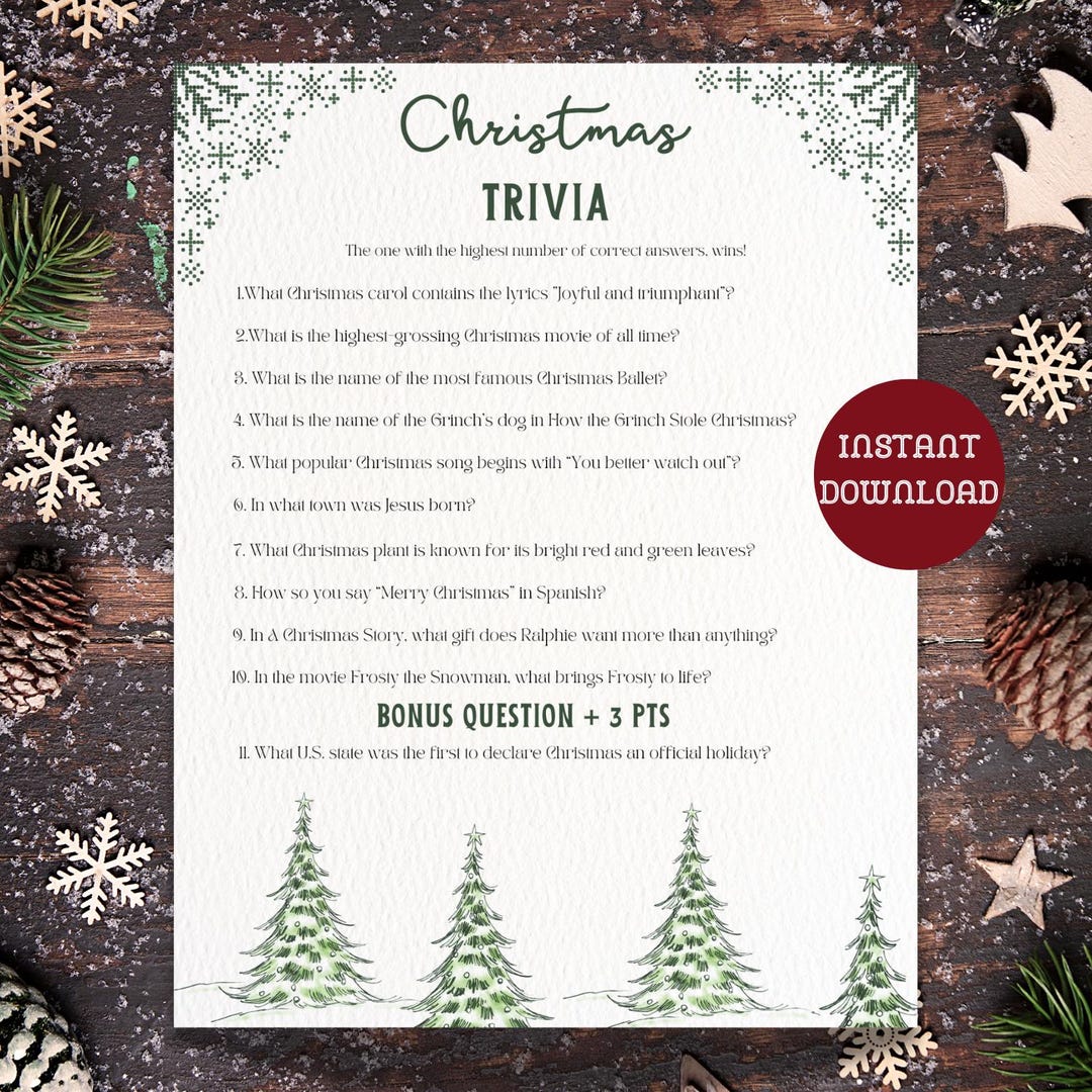 Christmas Trivia Game Printable Holiday Game Christmas Game Trivia Card ...