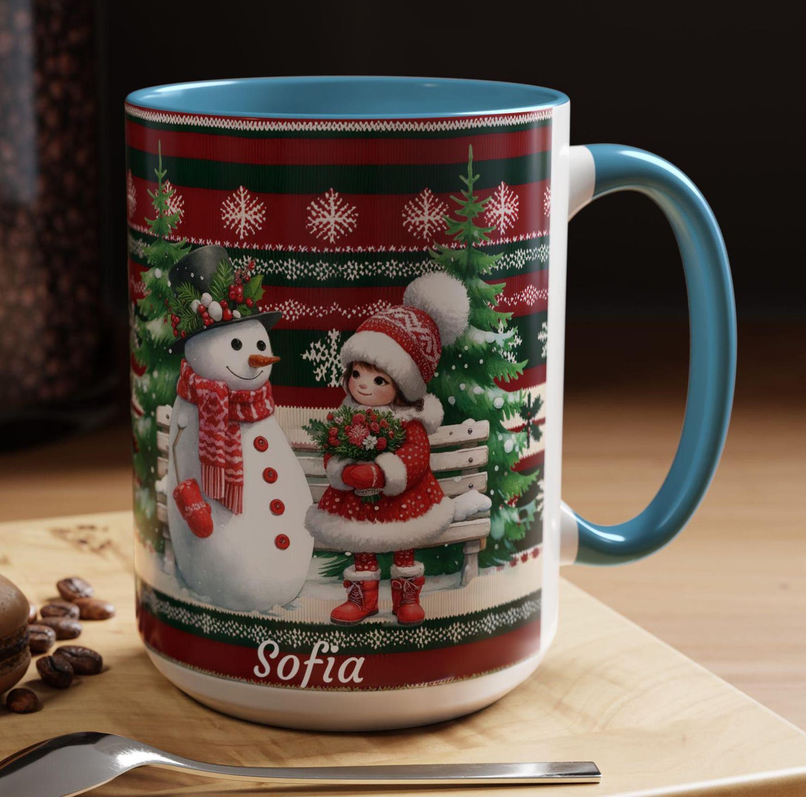 Snowman and Girl Winter Scene Personalized Christmas Mug, Holiday ...
