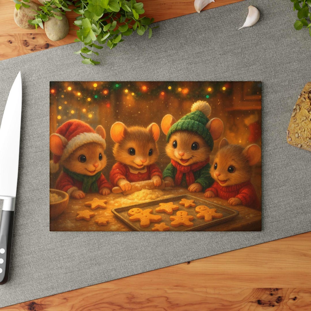 Cute Christmas Mice Baking Cookies Glass Cutting Board | Holiday ...