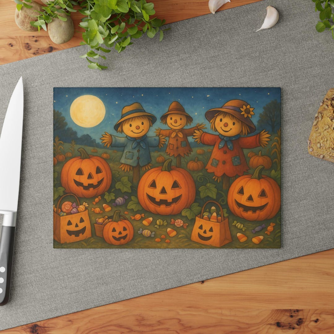 Halloween Scarecrow Family Glass Cutting Board, Fall Kitchen Decor ...