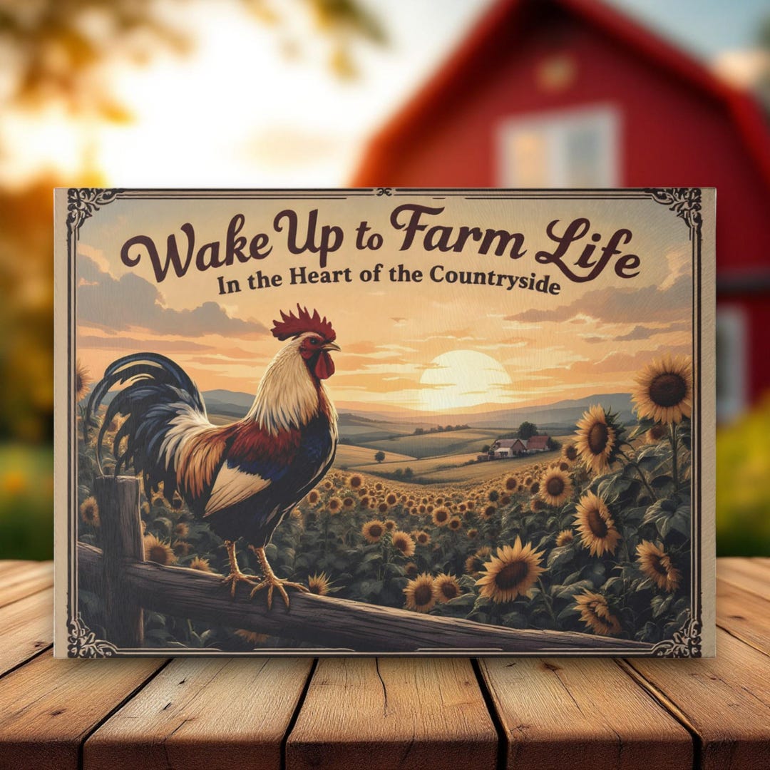 Rustic Farmhouse Cutting Board, Rooster Sunrise, Vintage Farm Life ...