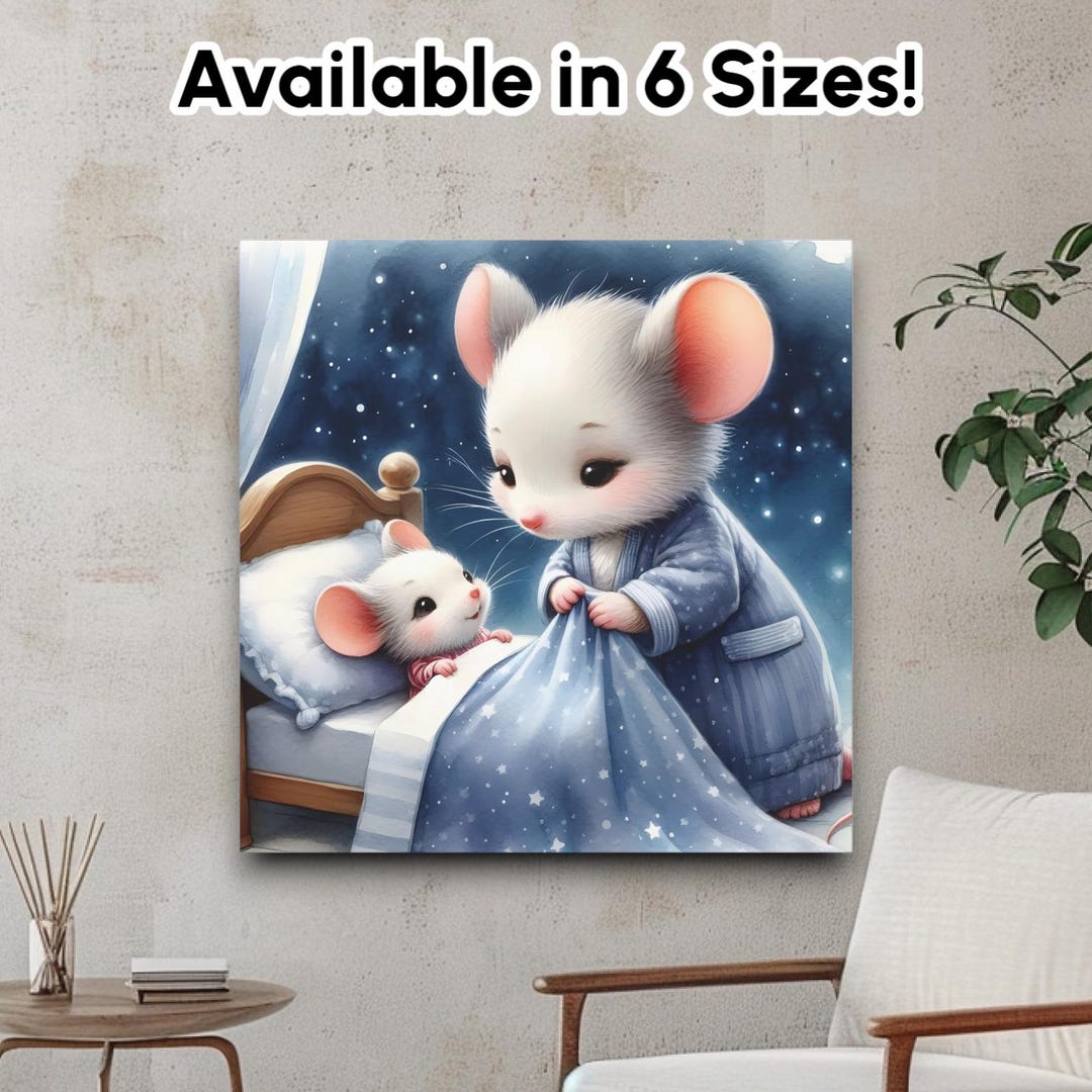 Cute Mouse Mother & Baby Artwork, Whimsical Bedtime Mice Canvas Wall ...
