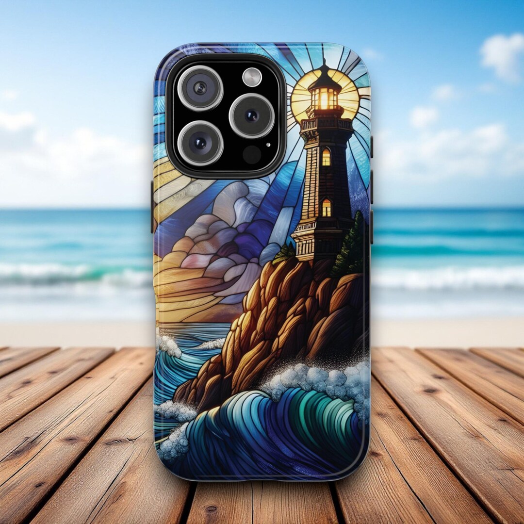 Lighthouse Stained Glass Phone Case, Nautical Ocean Waves Coastal ...