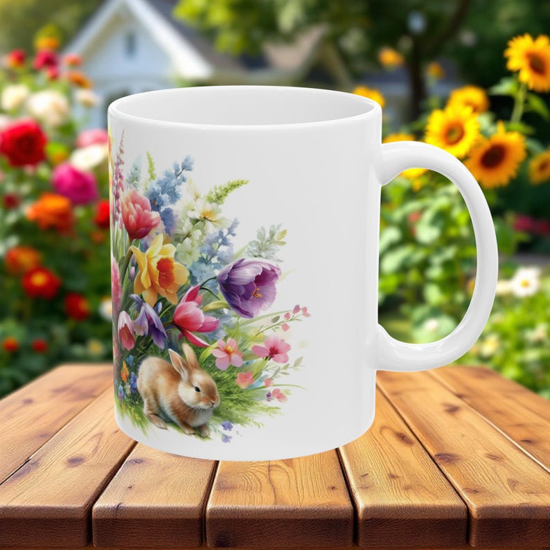 Easter Bunnies Ceramic Mug, Spring Floral Coffee Cup, Easter Bunny Tea ...