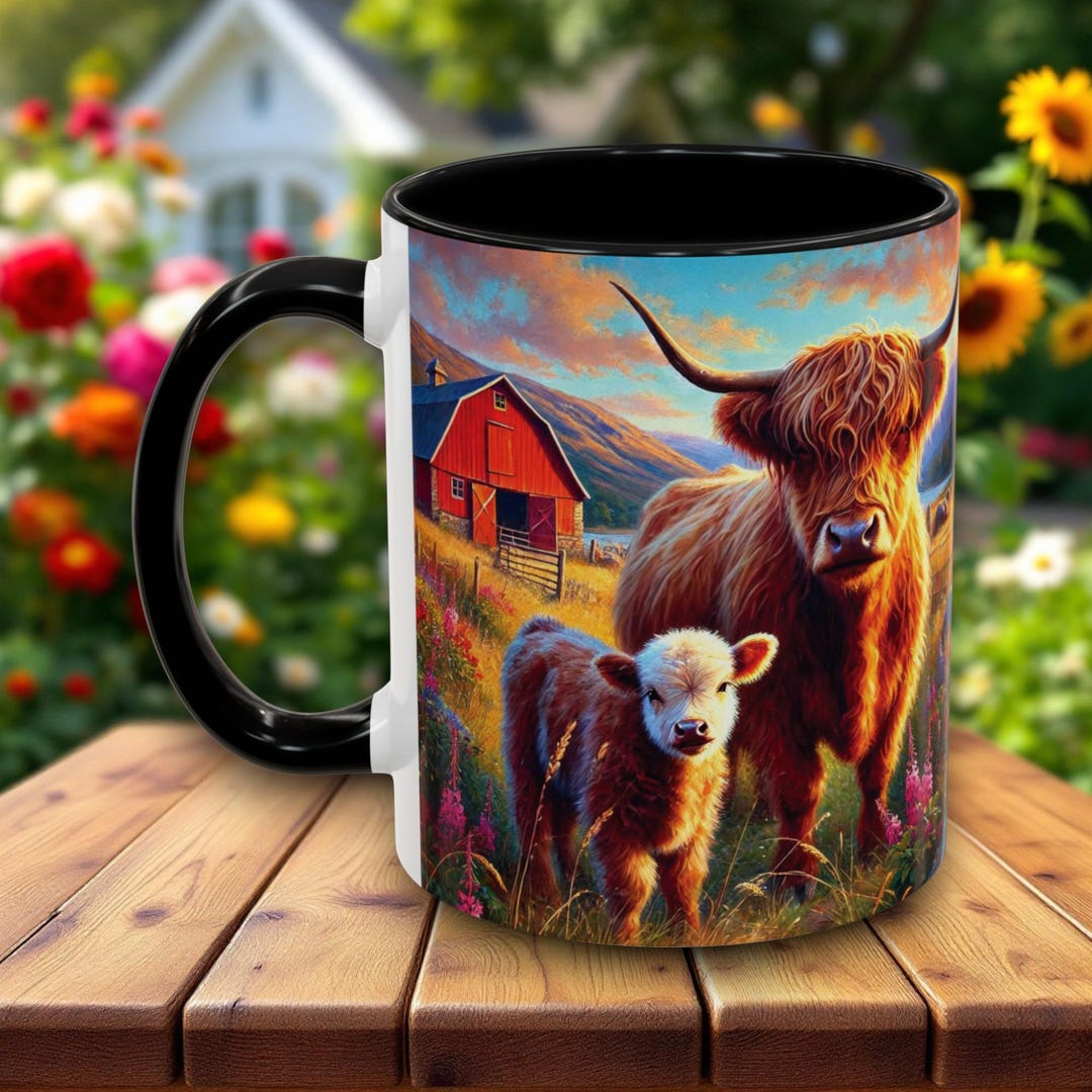 Highland Cow Mug, Rustic Farmhouse Gift, Vibrant Countryside Design ...