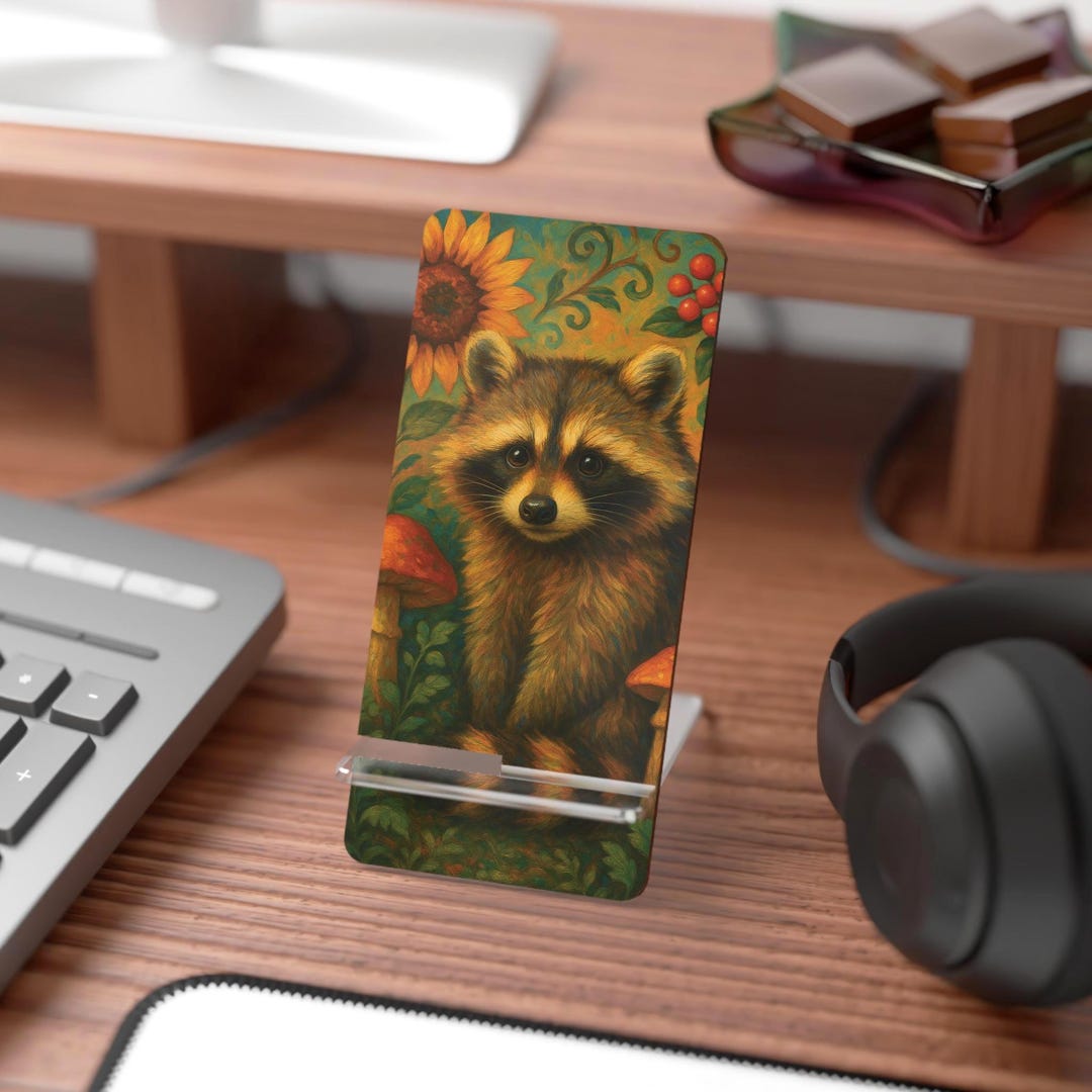 Rustic Smartphone Stand With Raccoon Design, Desk Accessory, Phone ...