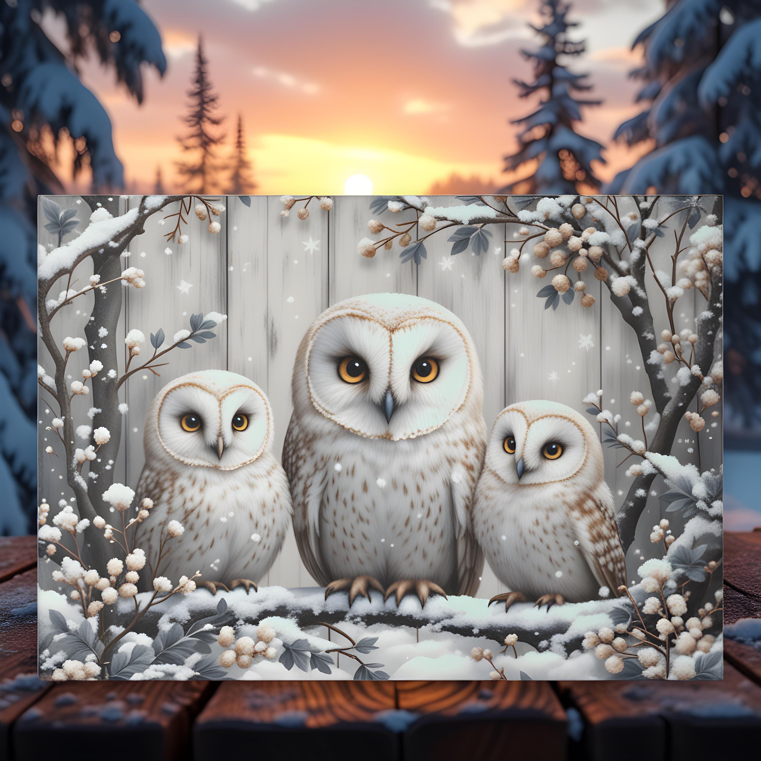 Winter Owl Family Cutting Board Rustic Snowy Scene, Woodland Art Barn ...