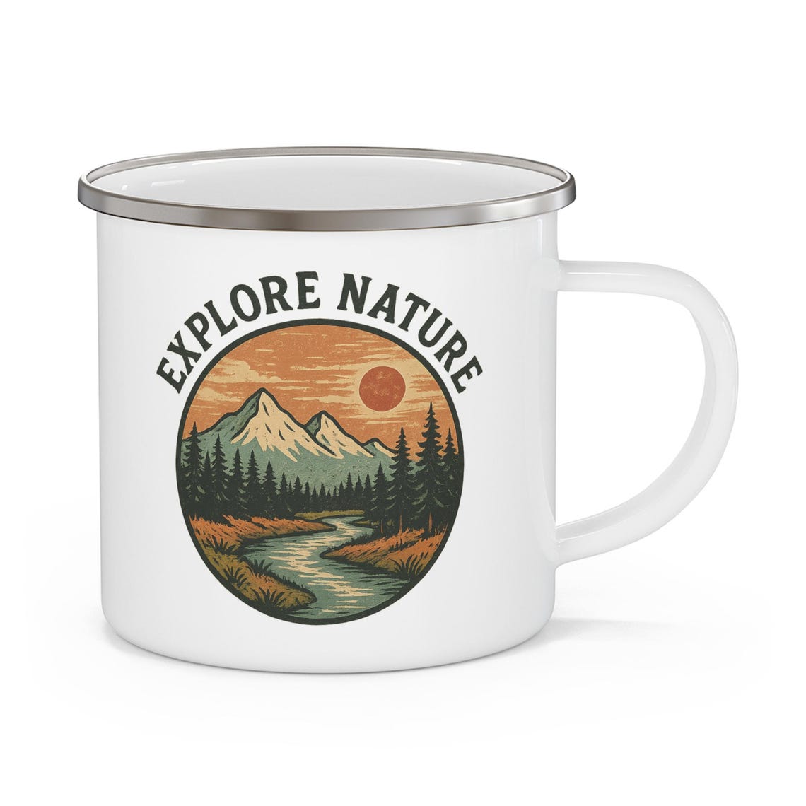 River Mountain Adventure Enamel Camping Mug, Explore Nature, Hiking ...