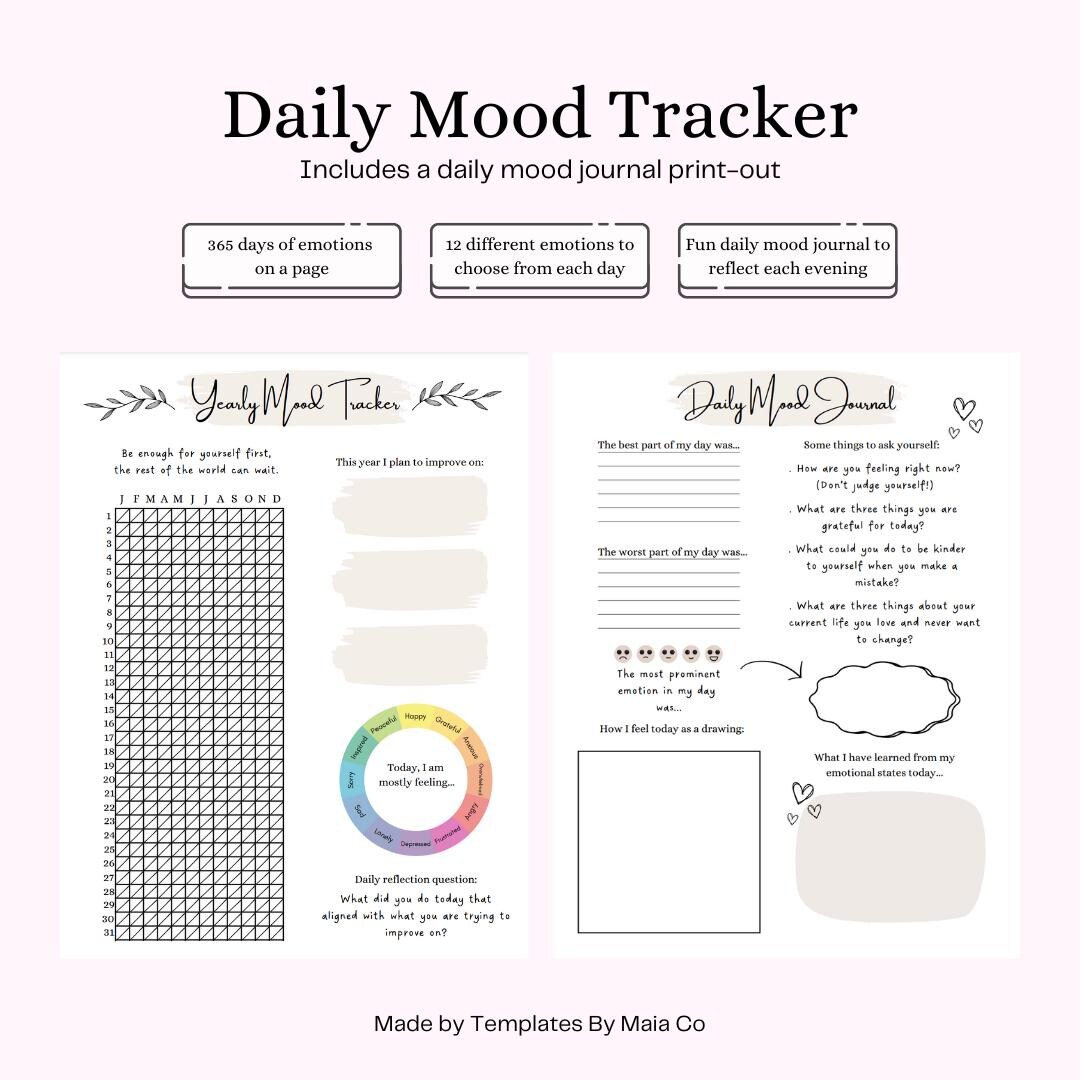 Mood Journal, Mood Tracker Printable, A Year in Pixels, Daily Emotion ...