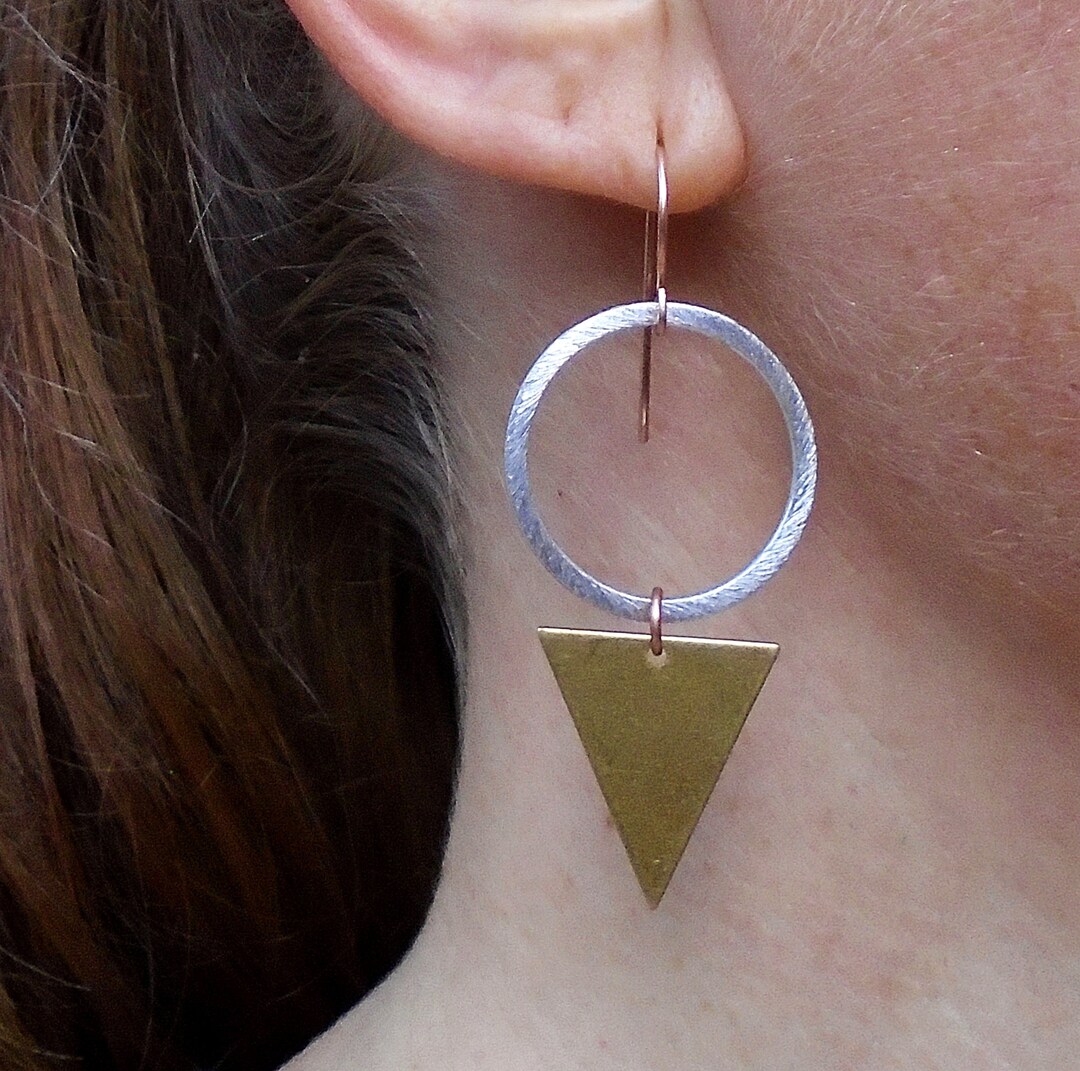 Geometric Earrings, Triangle Dangle Earrings, Mix Metal Earrings - Etsy