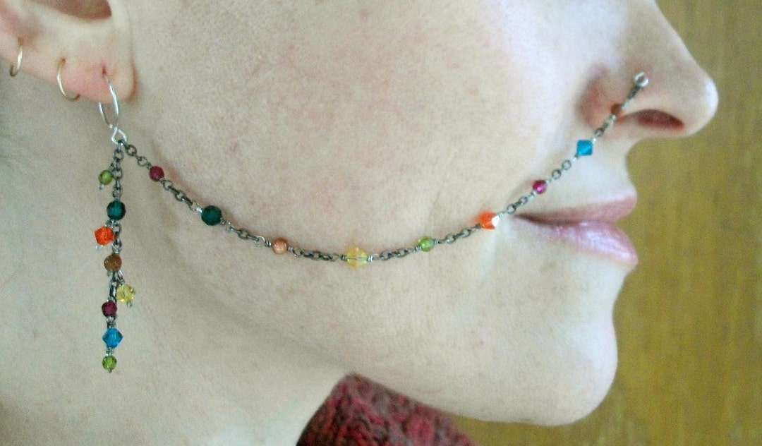Oxidized Sterling Silver Nose Chain: Rainbow Swarovski Crystals, Gold ...