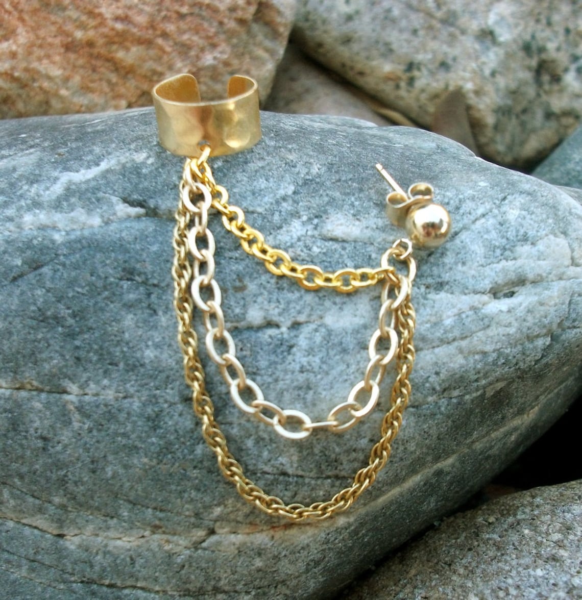 Gold Chain Ear Cuff Hammered Ear Cuff Triple Chain Ear Cuff - Etsy