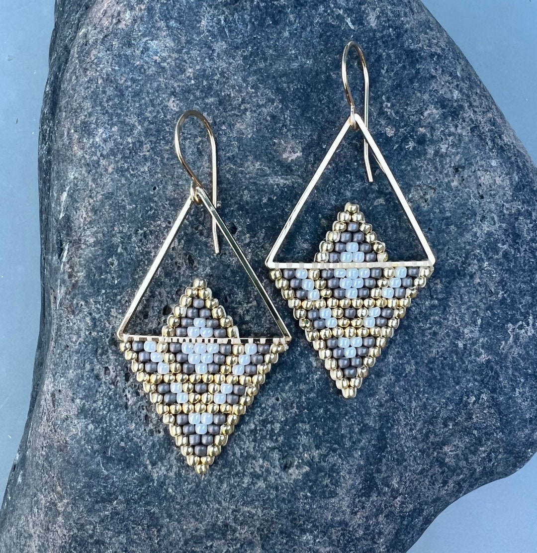 Gold White Hand Beaded Triangle Earrings - Etsy