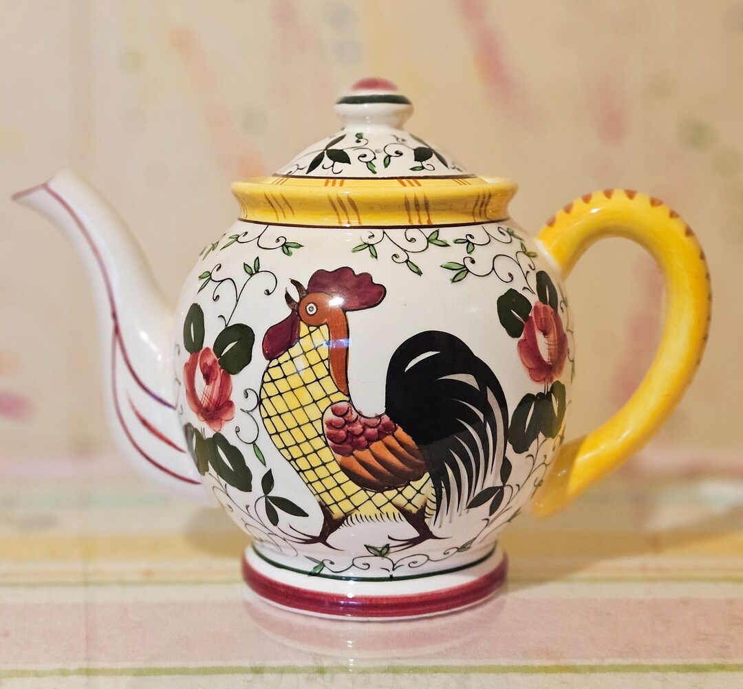 Vintage Hand Painted Rooster and Roses Teapot, Rooster Tea Pot, Vintage ...