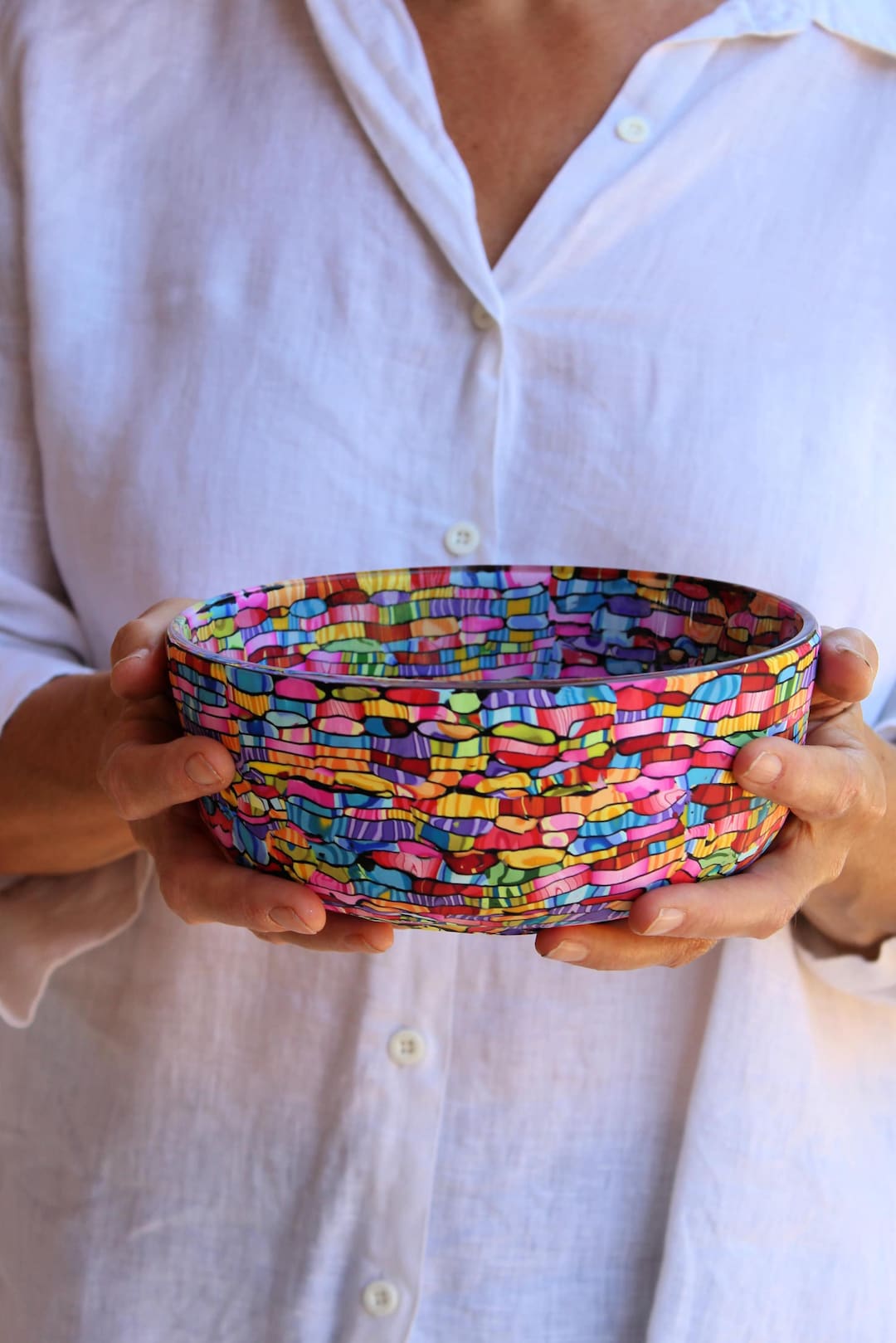 Polymer Clay Coated Colorful Glass Salad Serving Bowl - Handmade ...