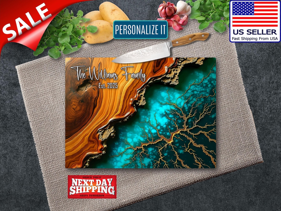 Epoxy-inspired Glass Cutting Board – Swirling Wood Grain & Turquoise ...